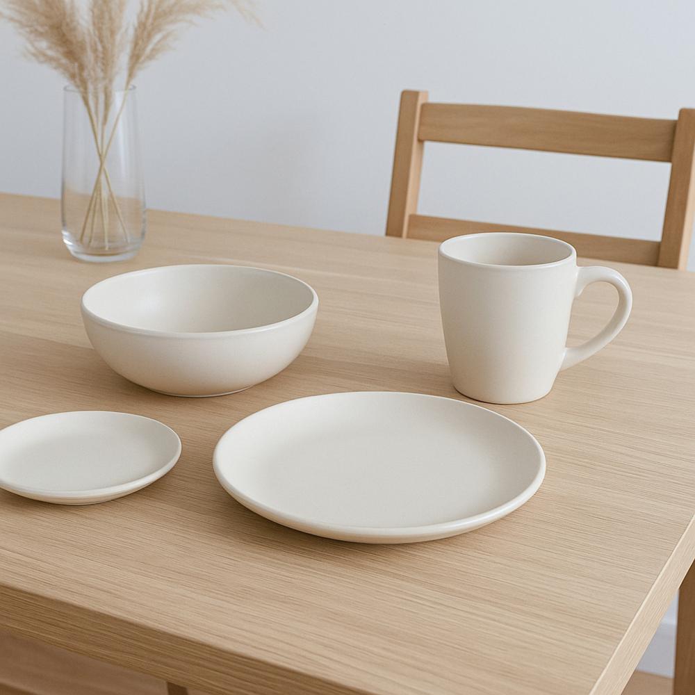 Sublink - 2C- VAJILLA MODERN DE 16 PIEZAS CREMA LISA Y BEIGE CON PUNTITOS